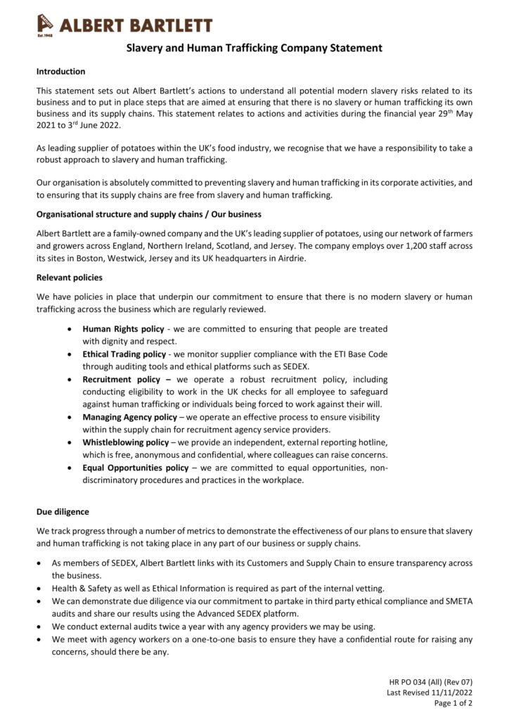 Anti-Slavery Statement - Albert BartlettAlbert Bartlett